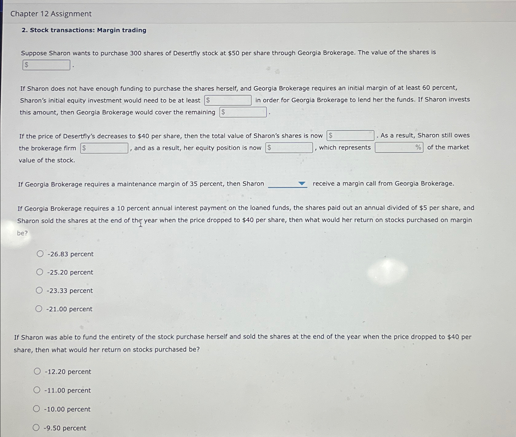 Solved Chapter 12 ﻿Assignment2. ﻿Stock transactions: Margin | Chegg.com