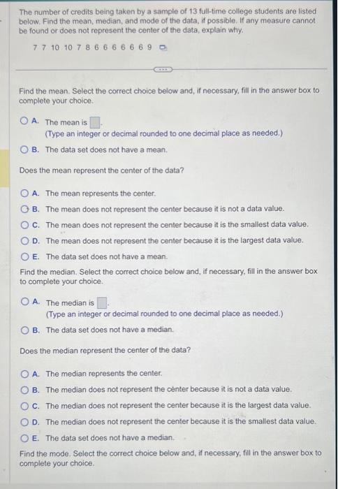 Solved The number of credits being taken by a sample of 13 | Chegg.com