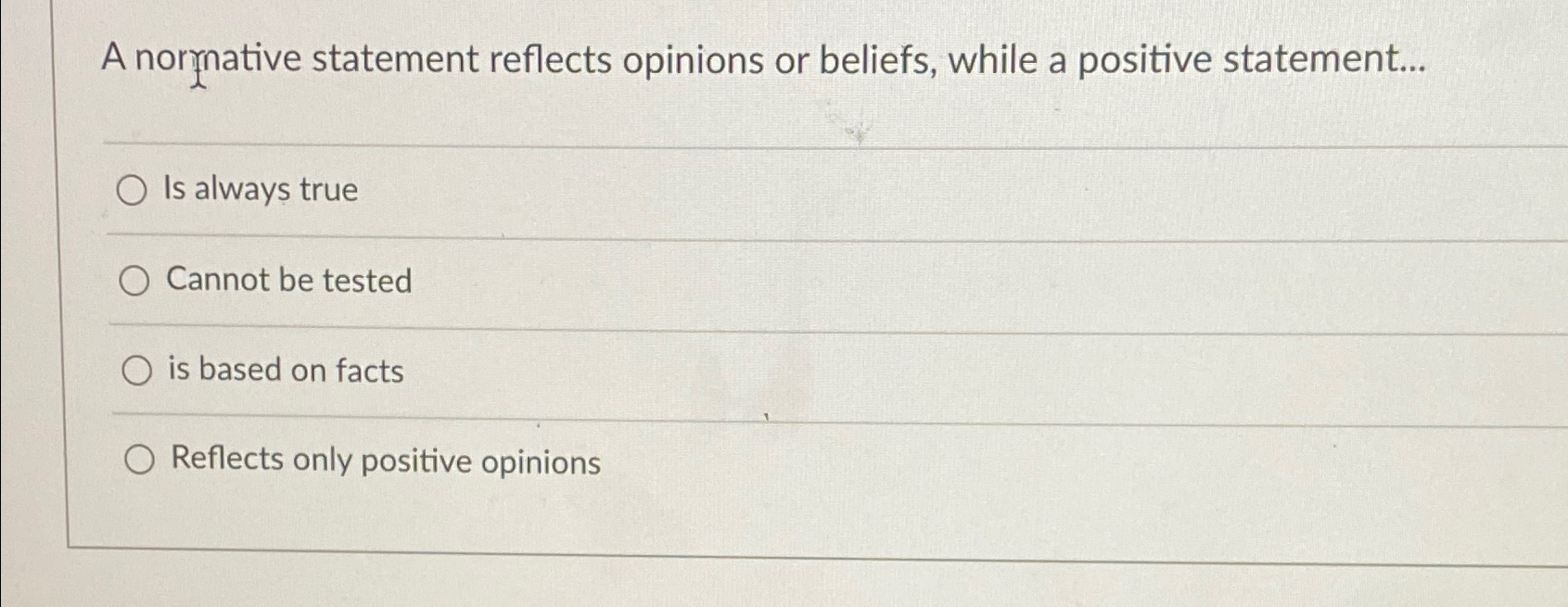 Solved A nornnative statement reflects opinions or beliefs, | Chegg.com