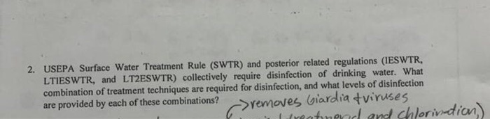 Solved 2. USEPA Surface Water Treatment Rule (SWTR) and | Chegg.com