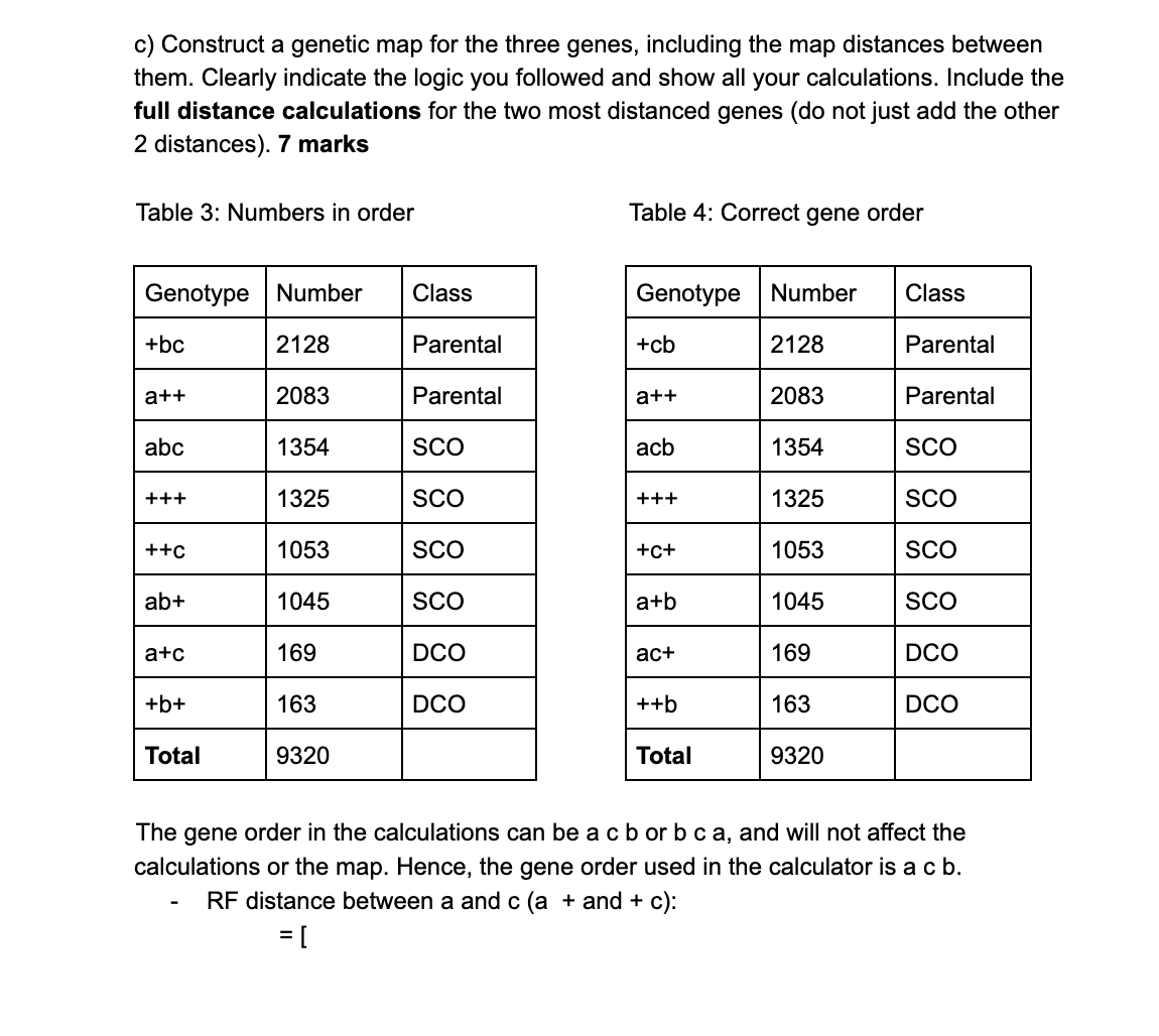 Solved c) ﻿Construct a genetic map for the three genes, | Chegg.com