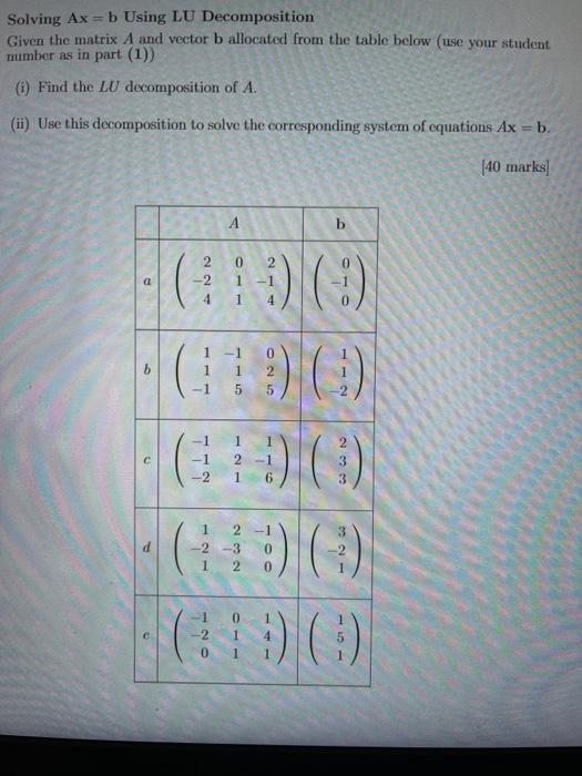 Solved Solving Ax=b Using LU Decomposition Given the matrix | Chegg.com