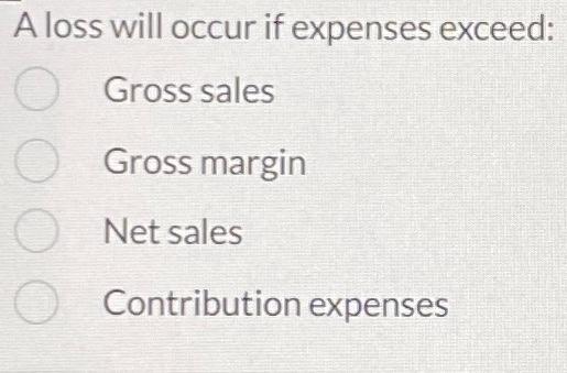 Solved A loss will occur if expenses exceed: a) Gross sales | Chegg.com