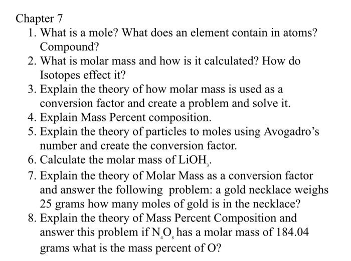 Solved Chapter 7 1. What is a mole? What does an element | Chegg.com