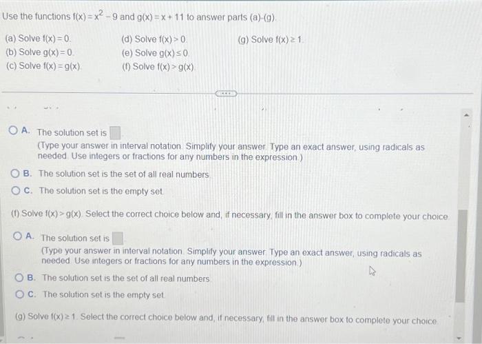 Solved Use the functions f(x)=x2−9 and g(x)=x+11 to answer | Chegg.com