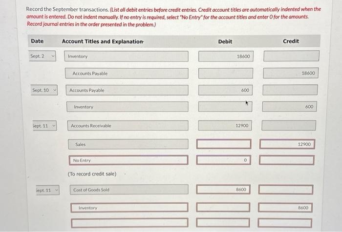 Solved Record the September transactions. (List all debit | Chegg.com