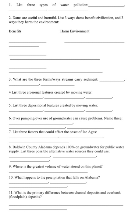 Solved 1. List three types of water pollution: 2. Dams are | Chegg.com