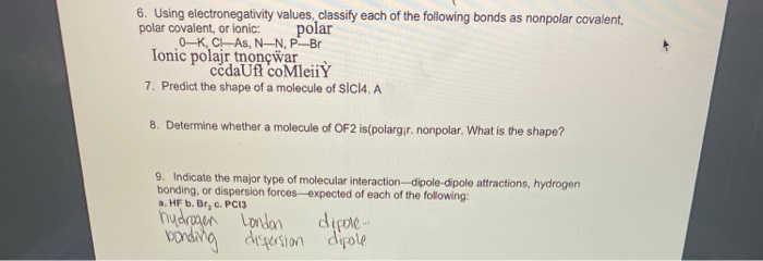 Solved 6. Using electronegativity values classify each of | Chegg.com