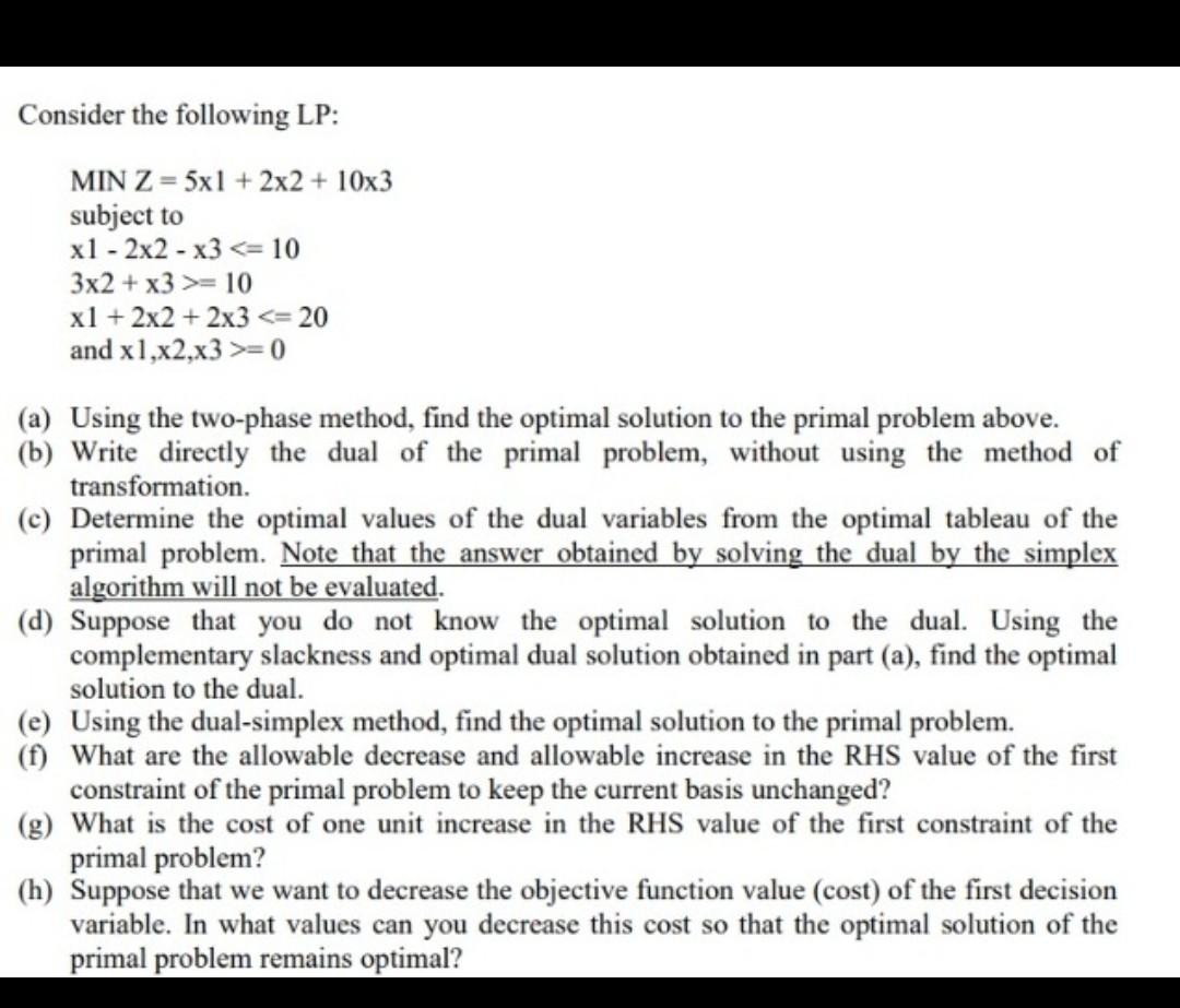 Solved Consider the following LP: MIN Z =5×1+2×2+10×3 | Chegg.com