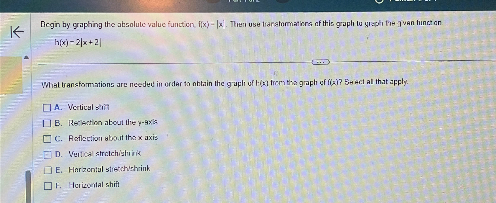 Solved Begin by graphing the absolute value function, | Chegg.com