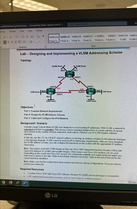 Lab-Designing and Implementing a VLSM Addressing | Chegg.com