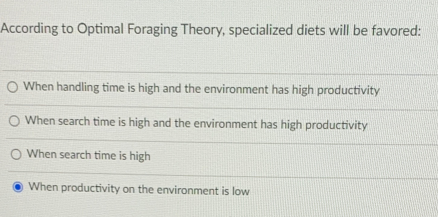 Solved According to Optimal Foraging Theory, specialized | Chegg.com