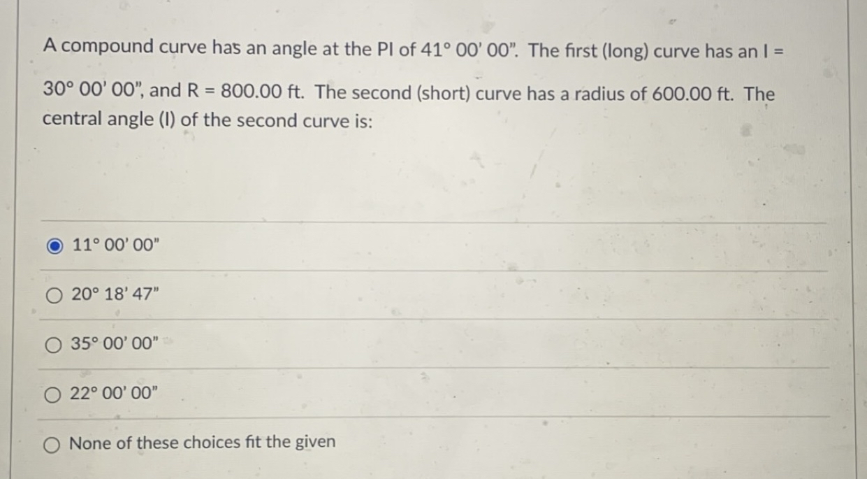 Solved A compound curve has an angle at the /PI ﻿ of | Chegg.com
