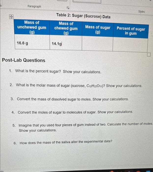 Solved Table 2: Sugar (Sucrose) Data Oost-Lab Questions 1. | Chegg.com