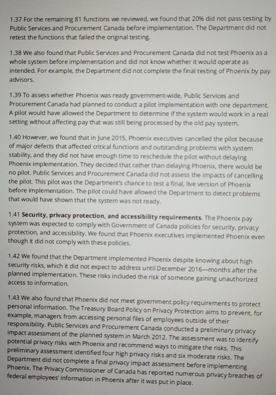 Solved Auditor General of Canada on the Phoenix Payroll | Chegg.com