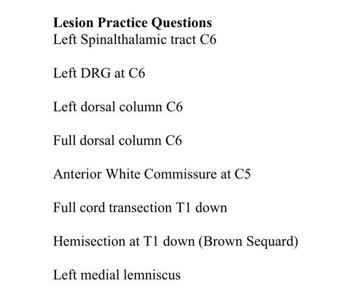 Lesion Practice Questions Left Spinalthalamic tract | Chegg.com