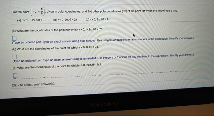 Solved Plot the point (-2,-pi/6), given in polar | Chegg.com