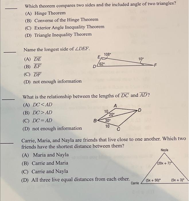 Solved Which theorem compares two sides and the included | Chegg.com