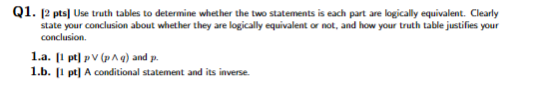 Solved Q1. [2 ﻿pts] ﻿Use truth tables to determine whether | Chegg.com