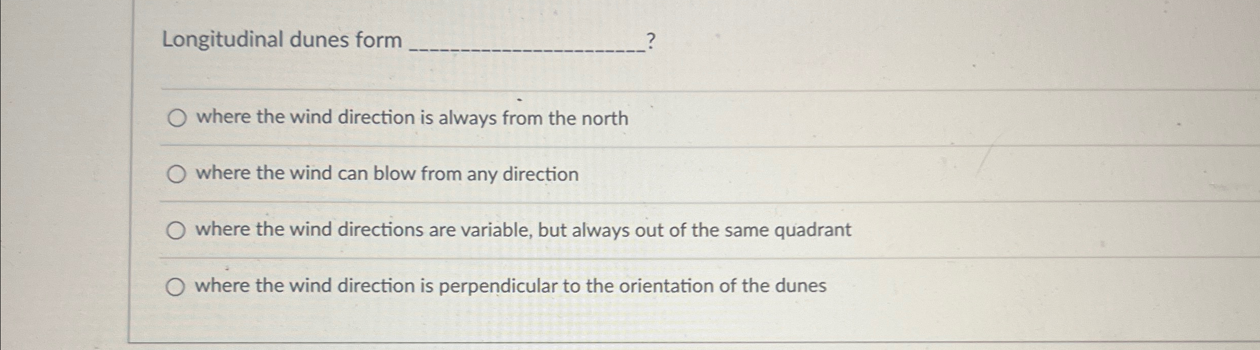 Solved Longitudinal dunes form where the wind direction is | Chegg.com