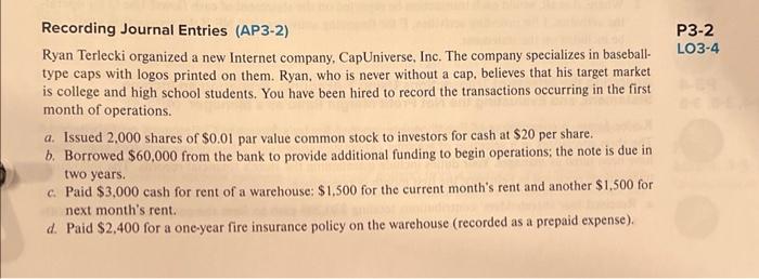 Solved Recording Journal Entries (AP3-2) Ryan Terlecki | Chegg.com
