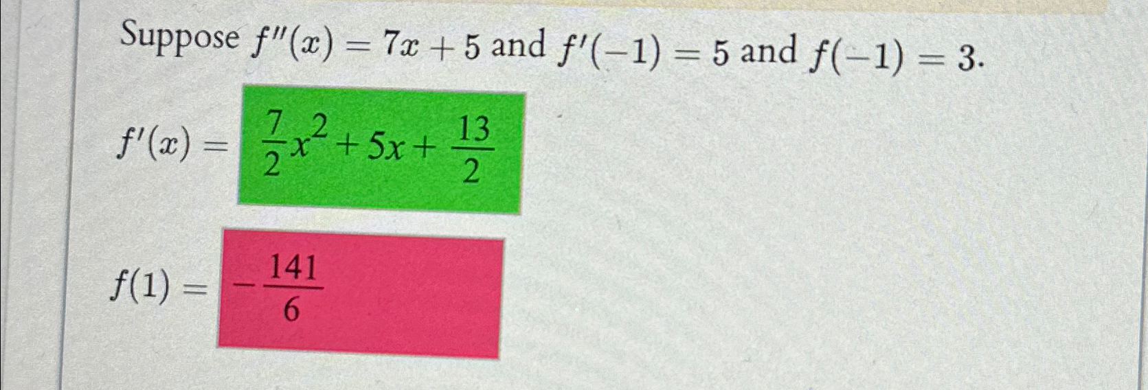 Solved Suppose f''(x)=7x+5 ﻿and f'(-1)=5 ﻿and | Chegg.com