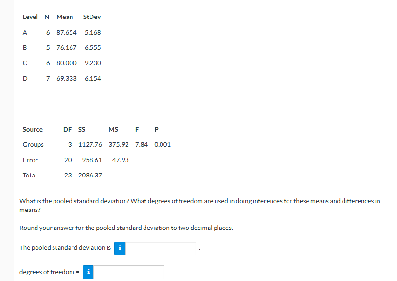 Solved What is the pooled standard deviation? What degrees | Chegg.com
