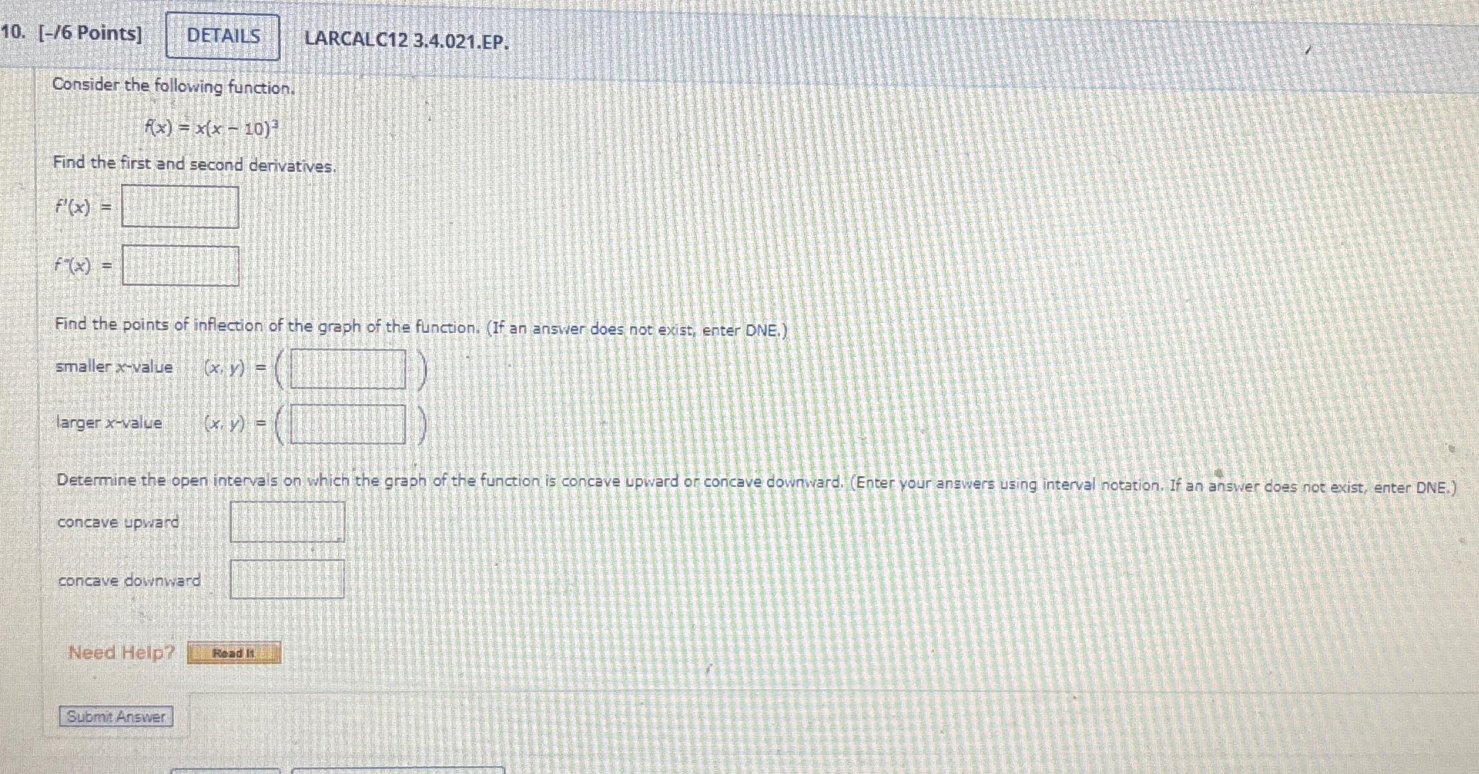 Solved [-/6 ﻿Points]DETAILSLARCALC12 3.4.021.EP.Consider the | Chegg.com
