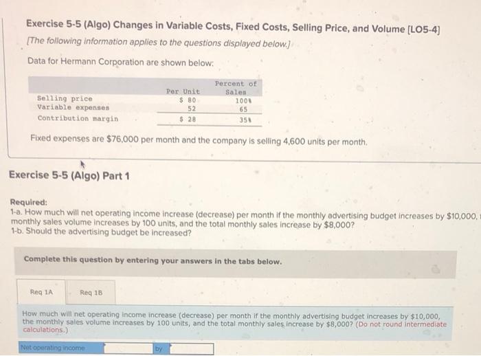 Solved Exercise 5-5 (Algo) Changes in Variable Costs, Fixed | Chegg.com