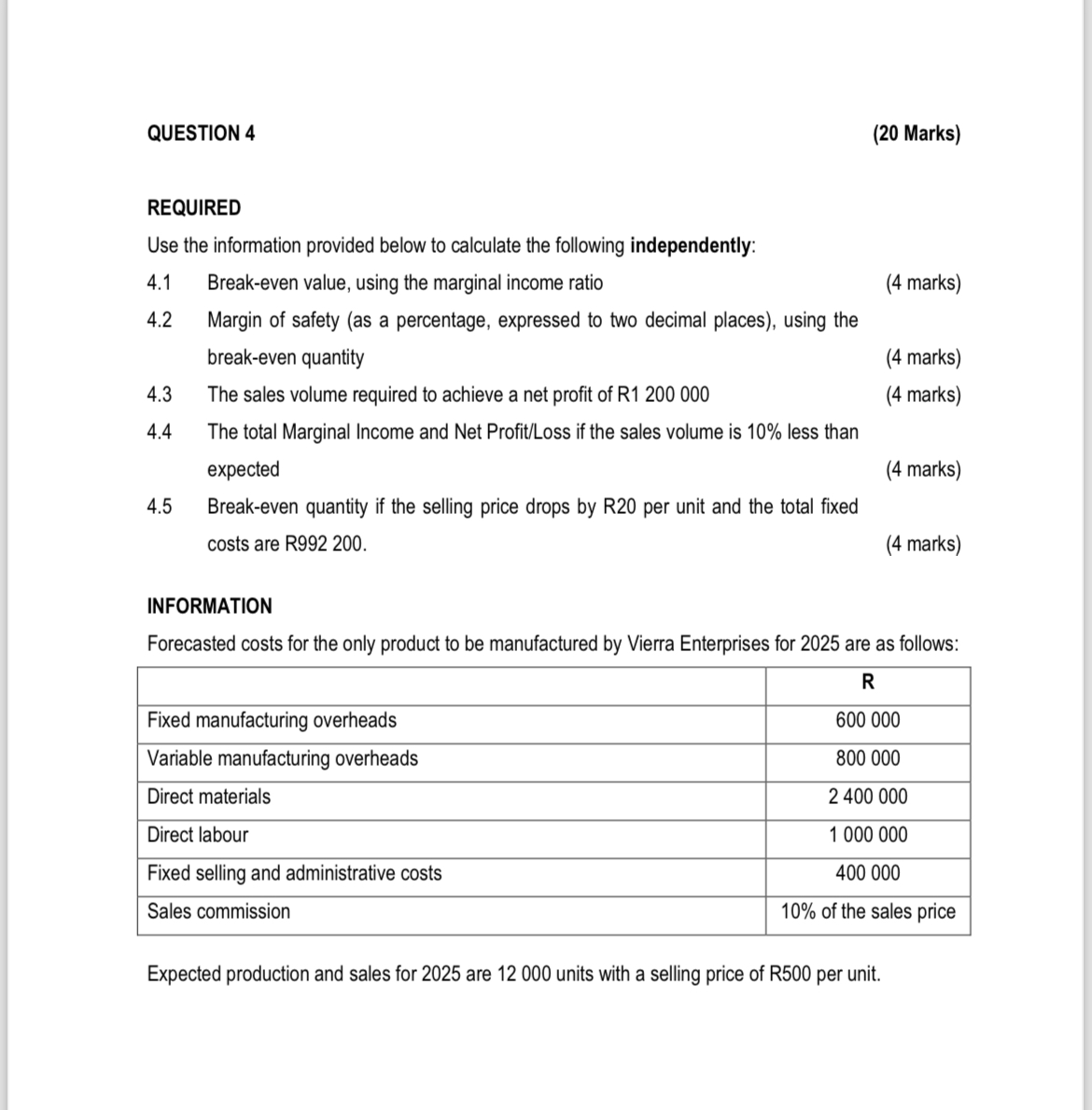 Solved QUESTION 4(20 ﻿Marks)REQUIREDUse the information | Chegg.com