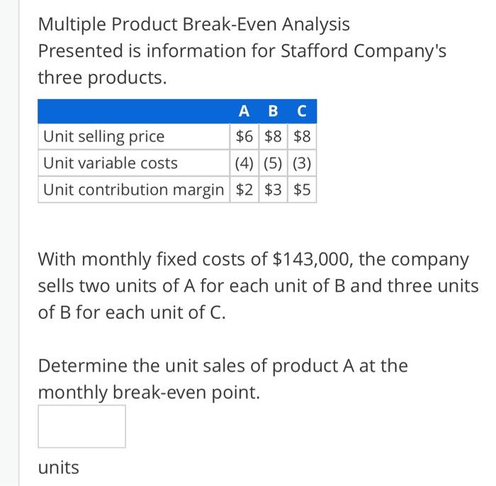 Solved Multiple Product Break-Even Analysis Presented is | Chegg.com