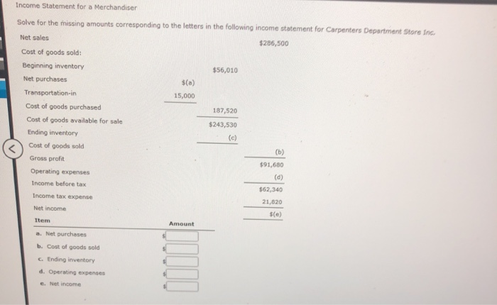 Solved Income Statement for a Merchandiser Solve for the | Chegg.com
