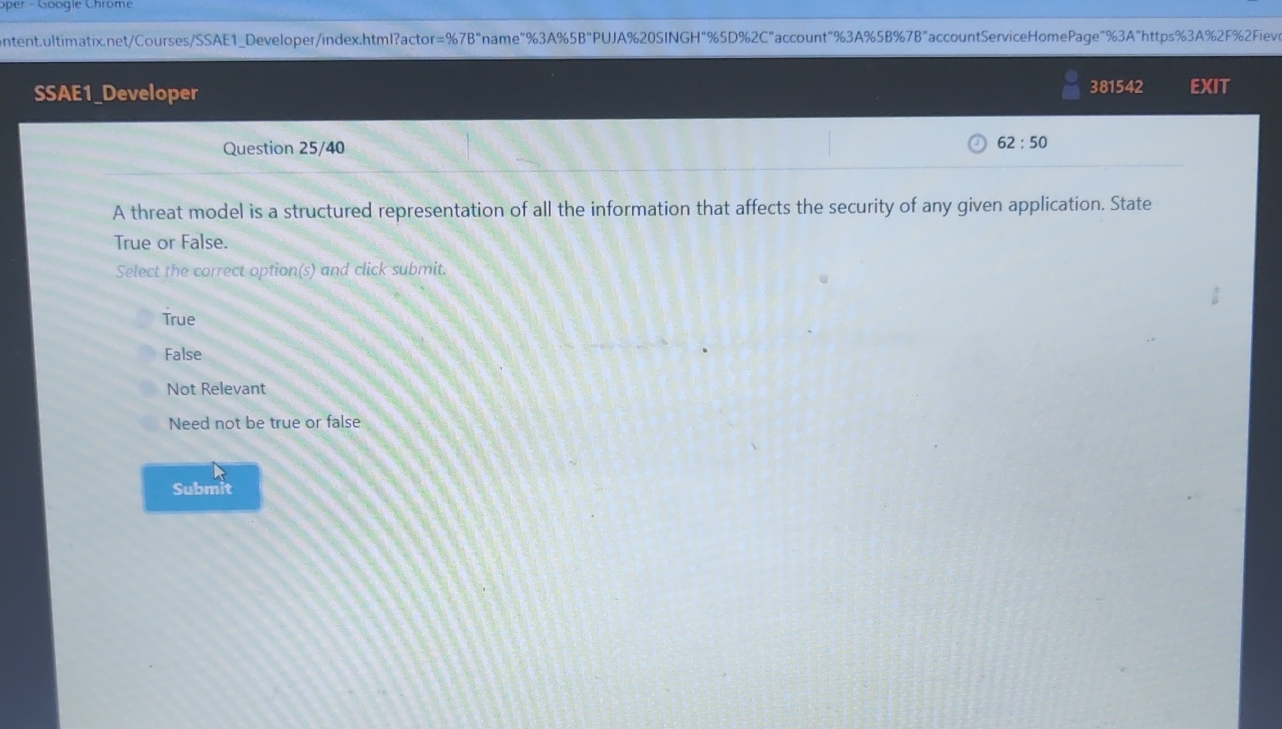 Solved SSAE1_Developer381542EXITQuestion 25/4062:50A threat | Chegg.com