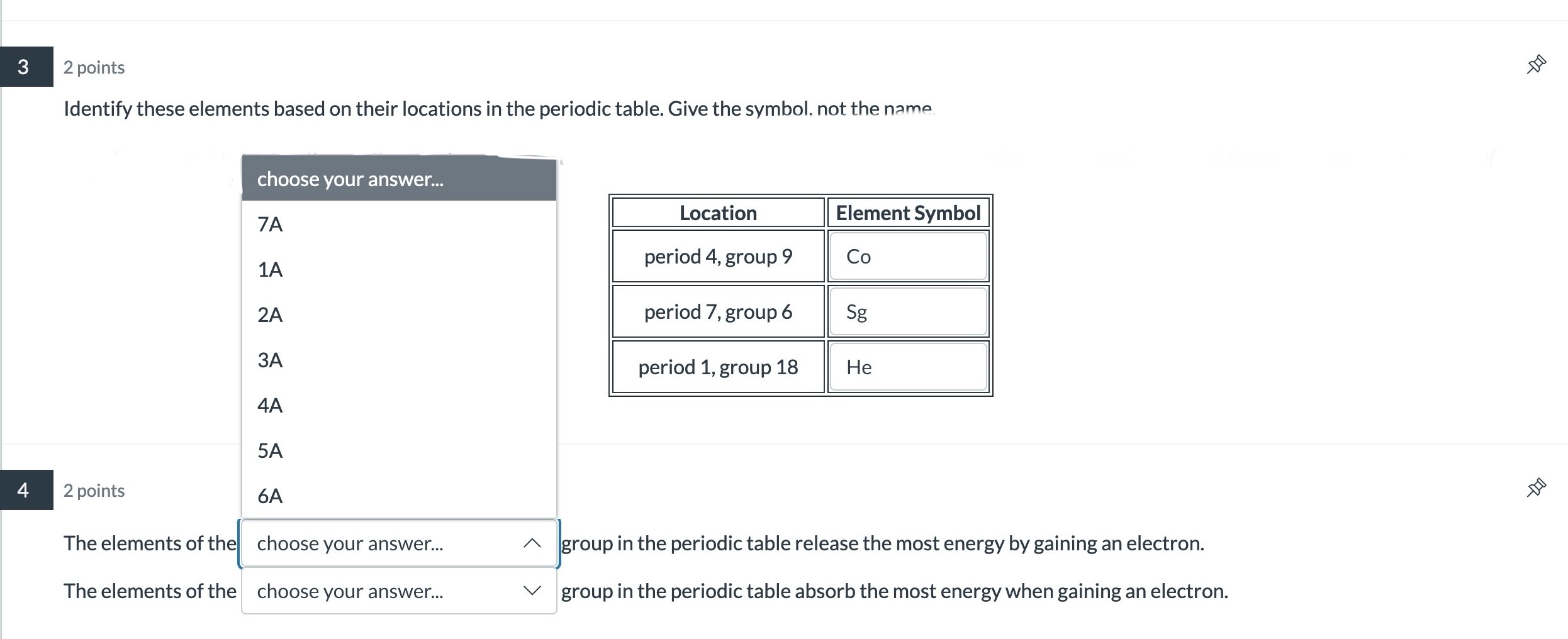 Solved 32 ﻿pointsIdentify these elements based on their | Chegg.com