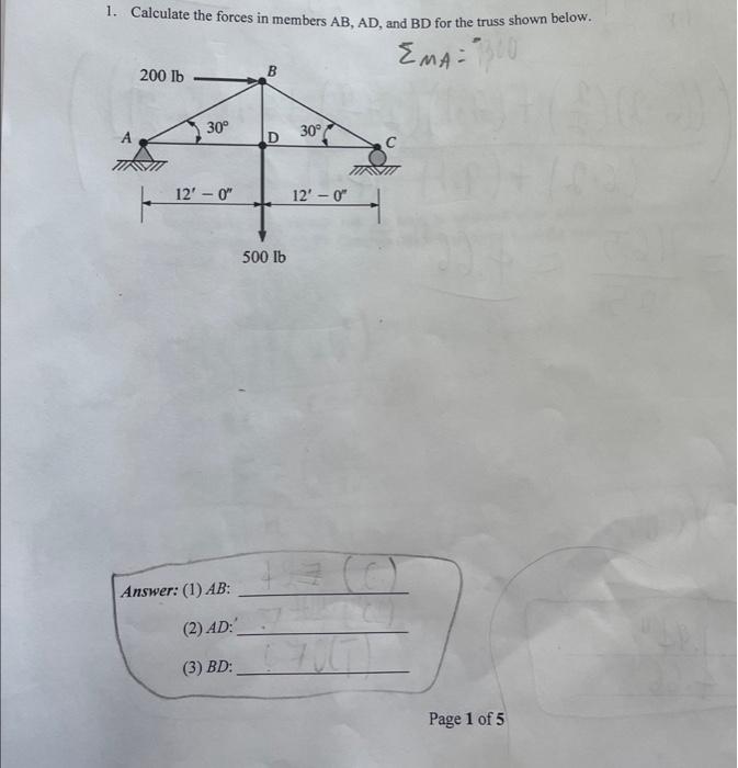Solved 1. Calculate the forces in members AB,AD, and BD for | Chegg.com