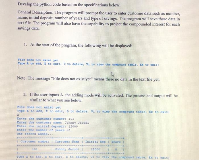 Solved Develop The Python Code Based On The Specifications 