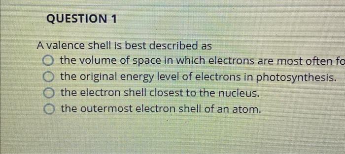 Solved QUESTION 1 A valence shell is best described as the | Chegg.com