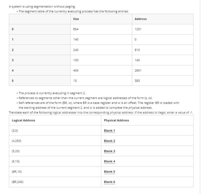 Solved A system is using segmentation without paging. • The | Chegg.com