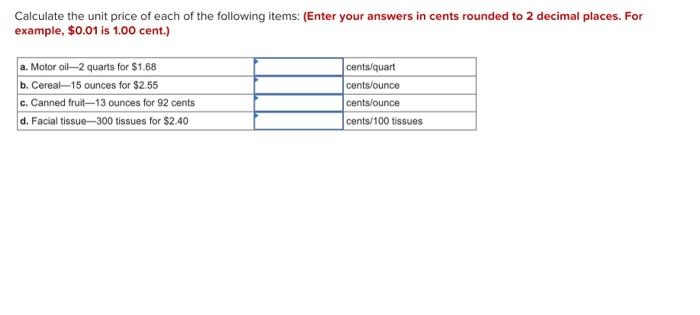 Solved Calculate the unit price of each of the following | Chegg.com