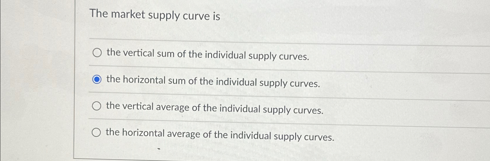 Solved The market supply curve isthe vertical sum of the | Chegg.com