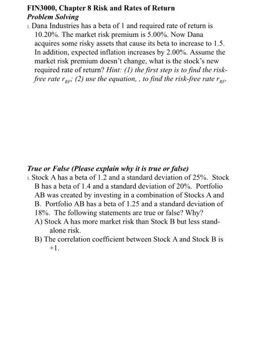 Solved FIN3000, Chapter 8 Risk and Rates of Return Problem | Chegg.com