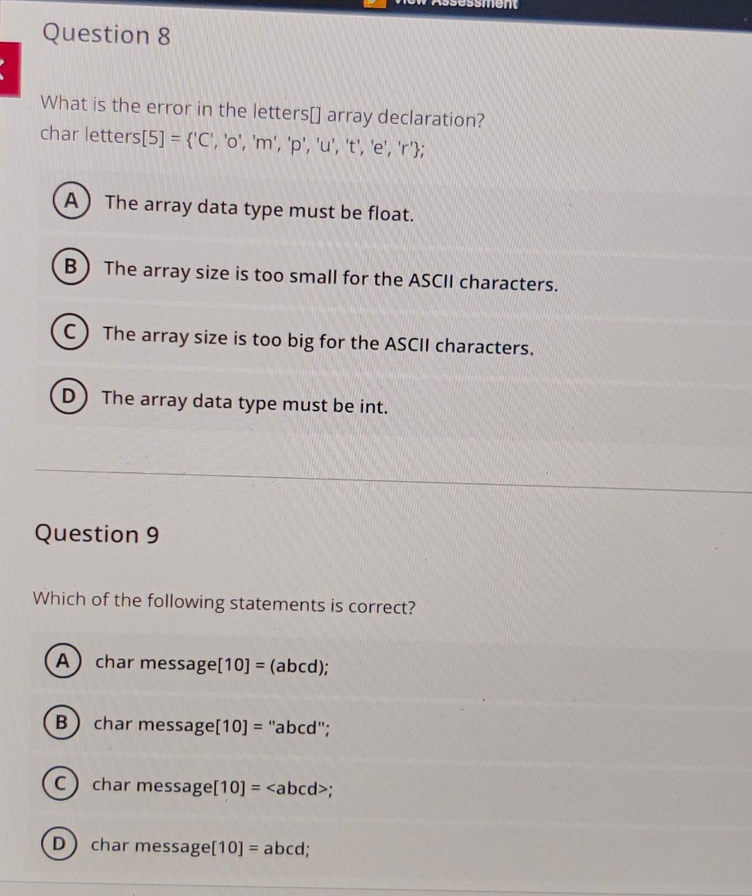 Solved Question 8 What is the error in the letters[] array | Chegg.com
