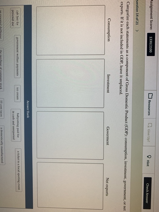 Solved Assignment Score: 1330/2100 Resources Ex Give Up? | Chegg.com