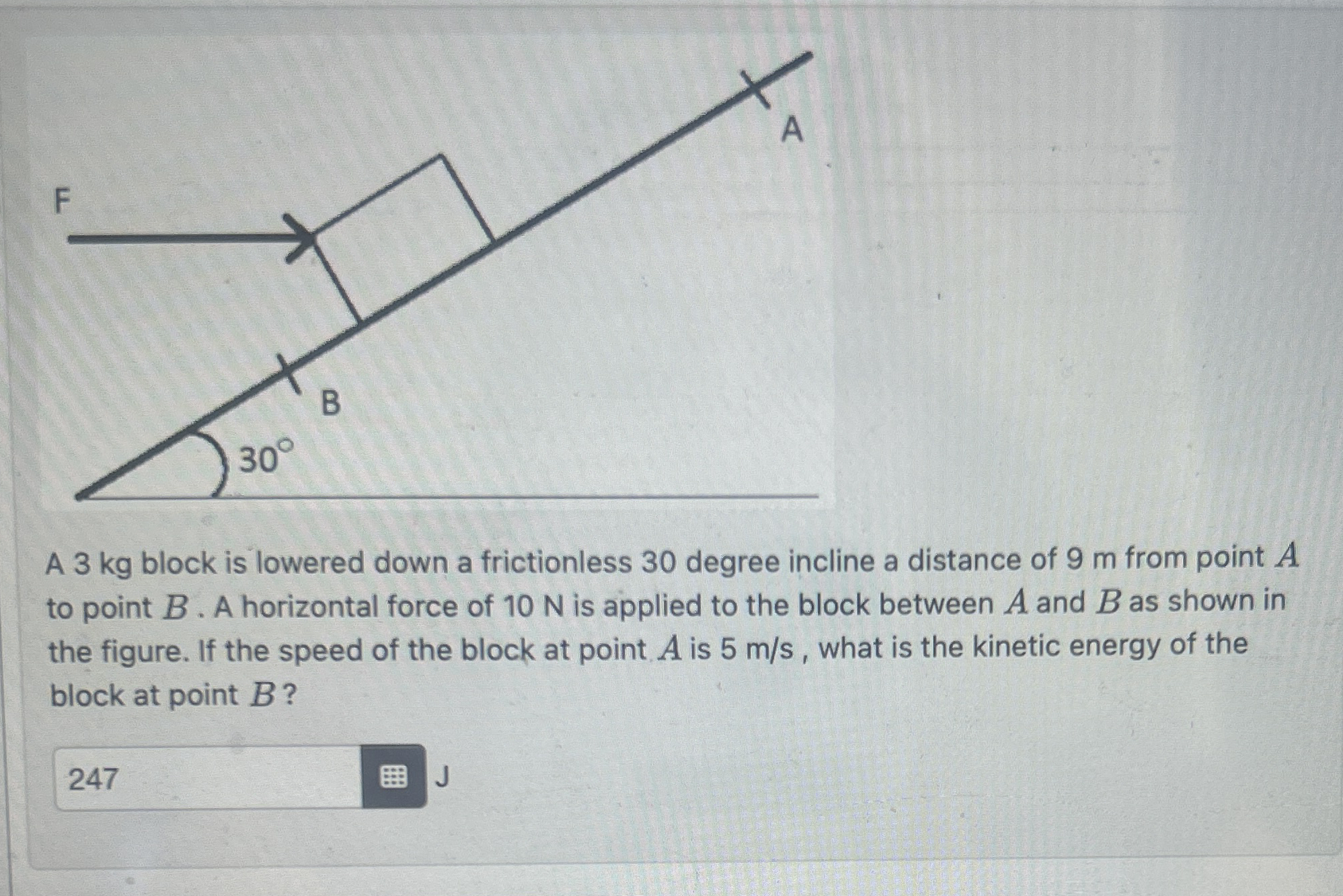 Solved A 3 ﻿kg block is lowered down a frictionless 30 | Chegg.com