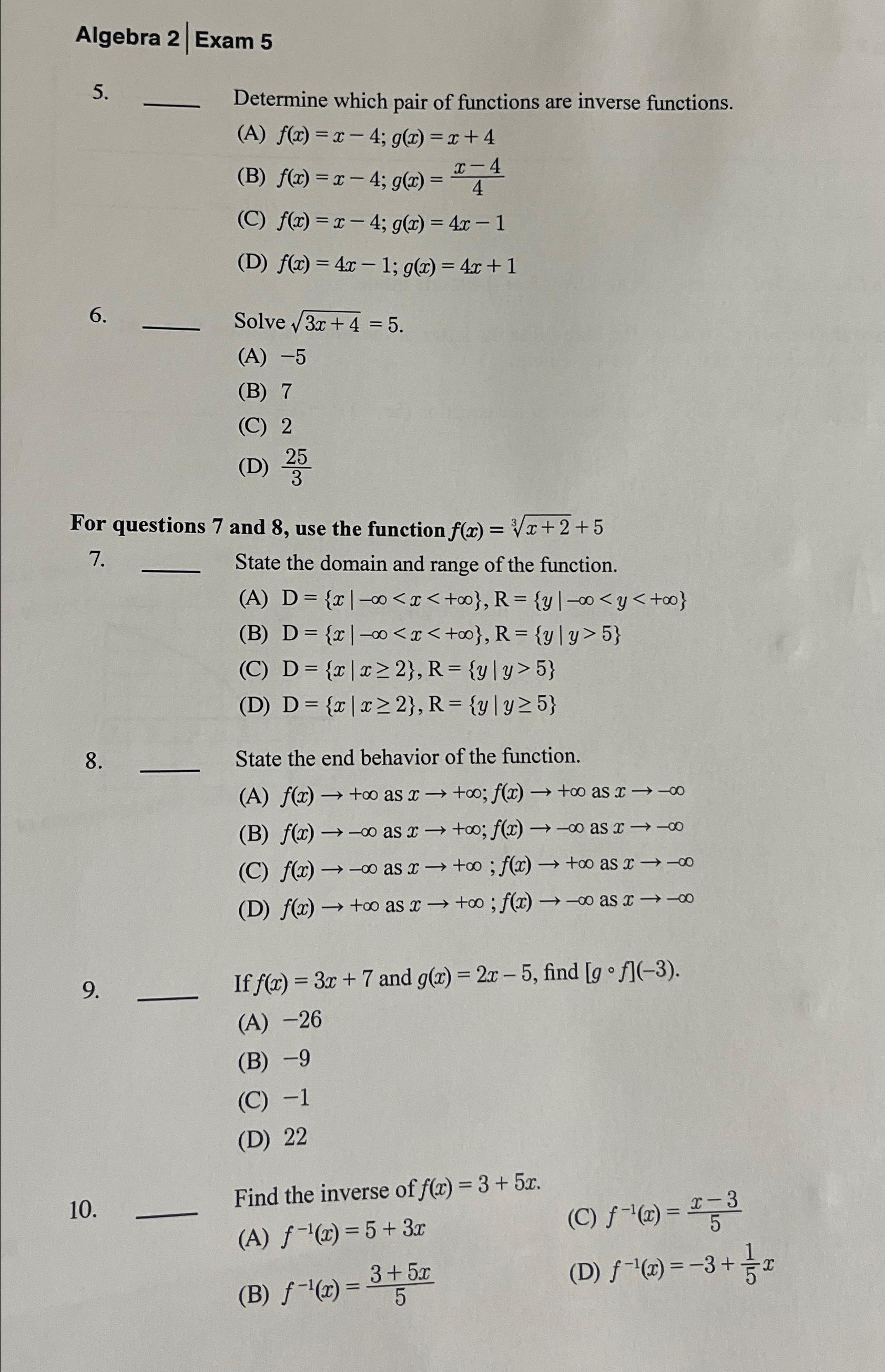 Solved Algebra 2 |Exam 55. ﻿Determine which pair of | Chegg.com