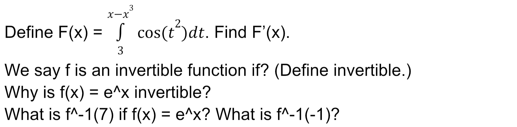 Solved Define F(x)=∫3x-x3cos(t2)dt. Find F'(x)Define | Chegg.com Solved Define F(x)=∫3x-x3cos(t2)dt. Find F'(x)Define | Chegg.com