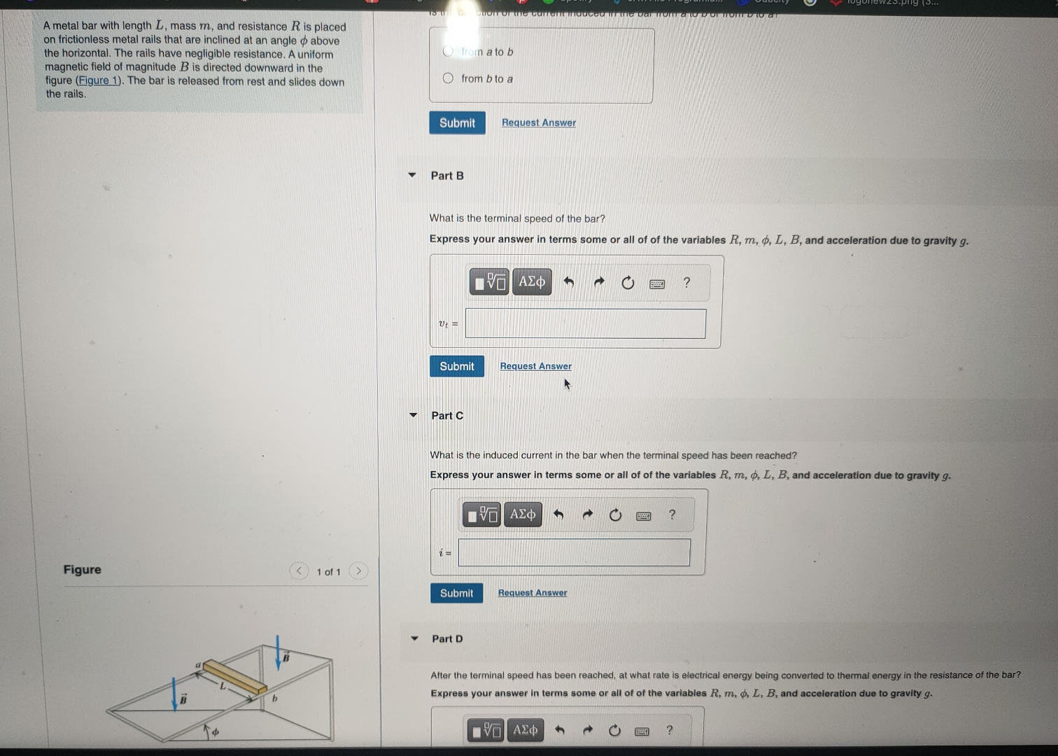 Solved A metal bar with length L, ﻿mass m, ﻿and resistance R | Chegg.com