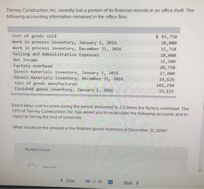 Solved Tierney Construction Inc Recently Lost A Portion Of Chegg
