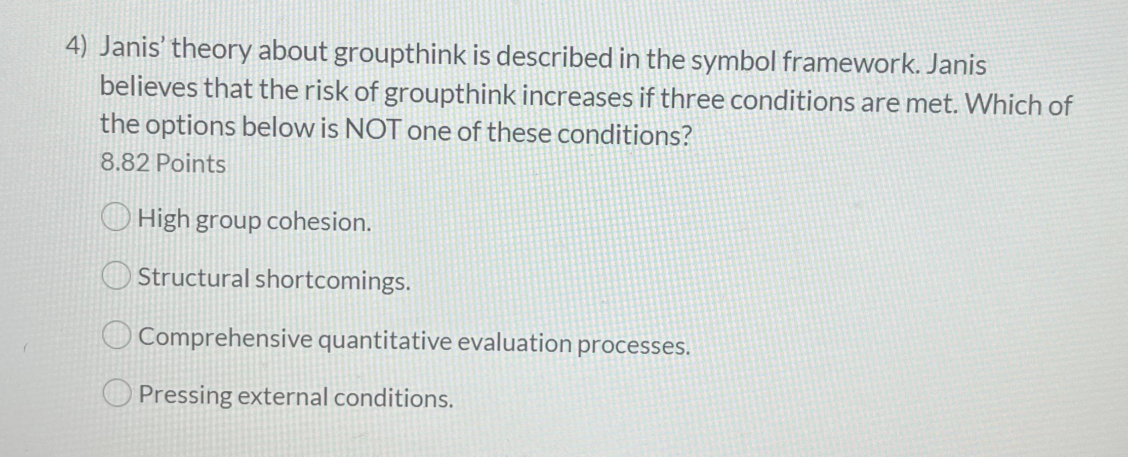 Solved Janis' theory about groupthink is described in the | Chegg.com