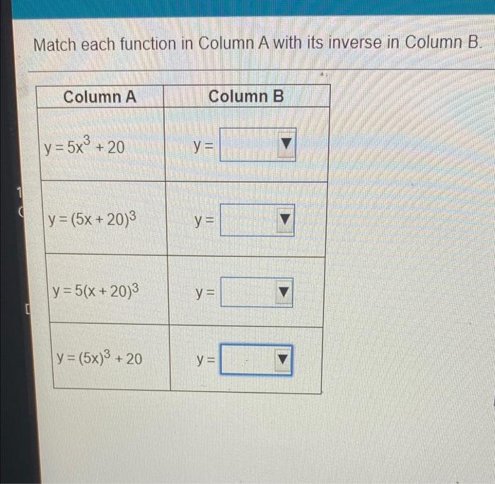 Solved Match each function in Column A with its inverse in | Chegg.com